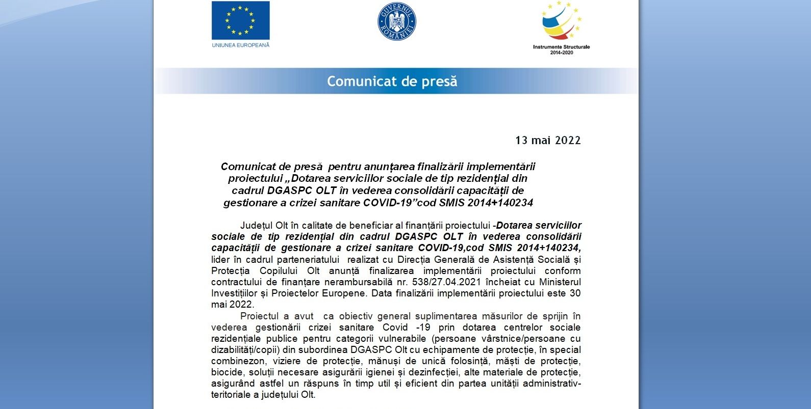 Comunicat de presă finalizare Proiect „Dotarea serviciilor sociale de ...