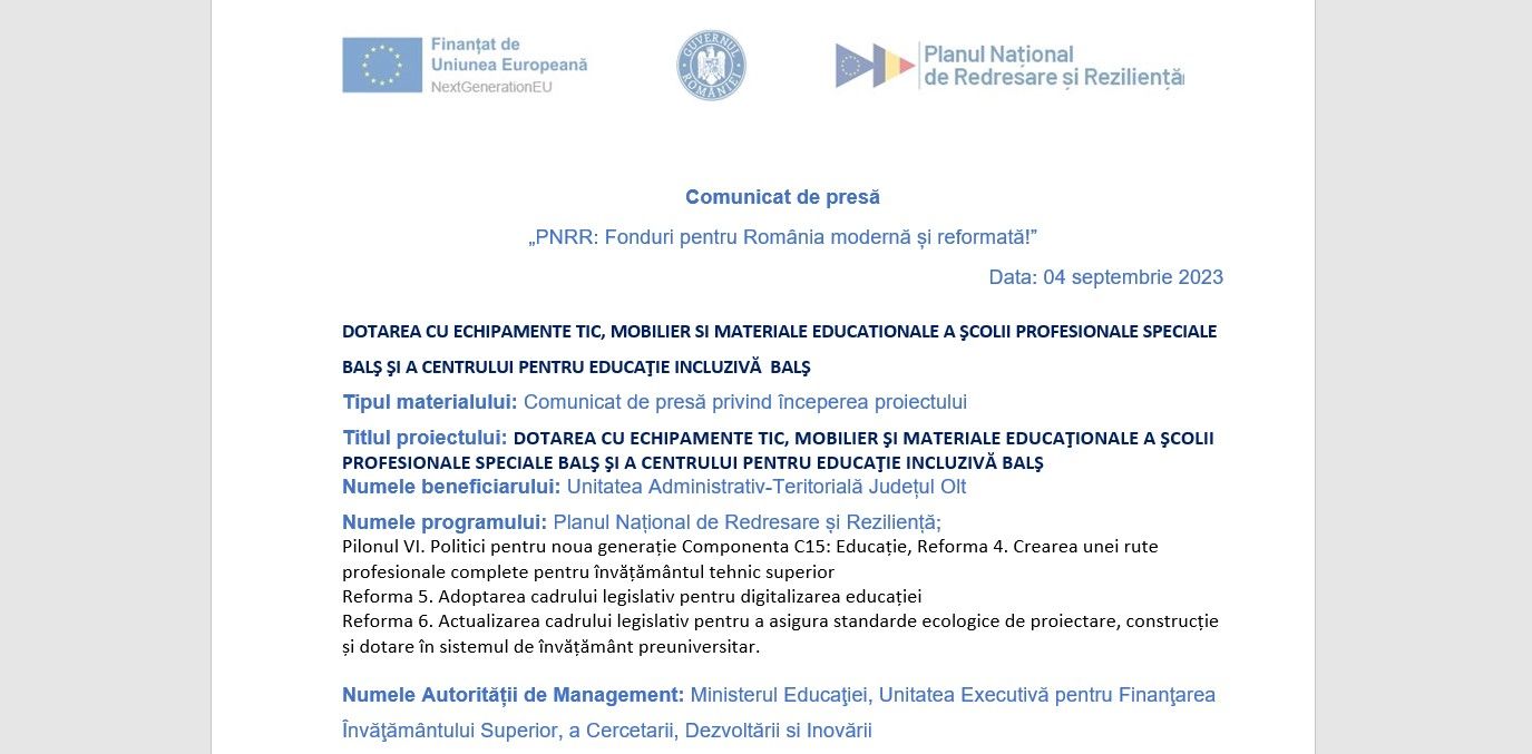 Comunicat de presă începere proiect Dotarea cu echipamente TIC ...